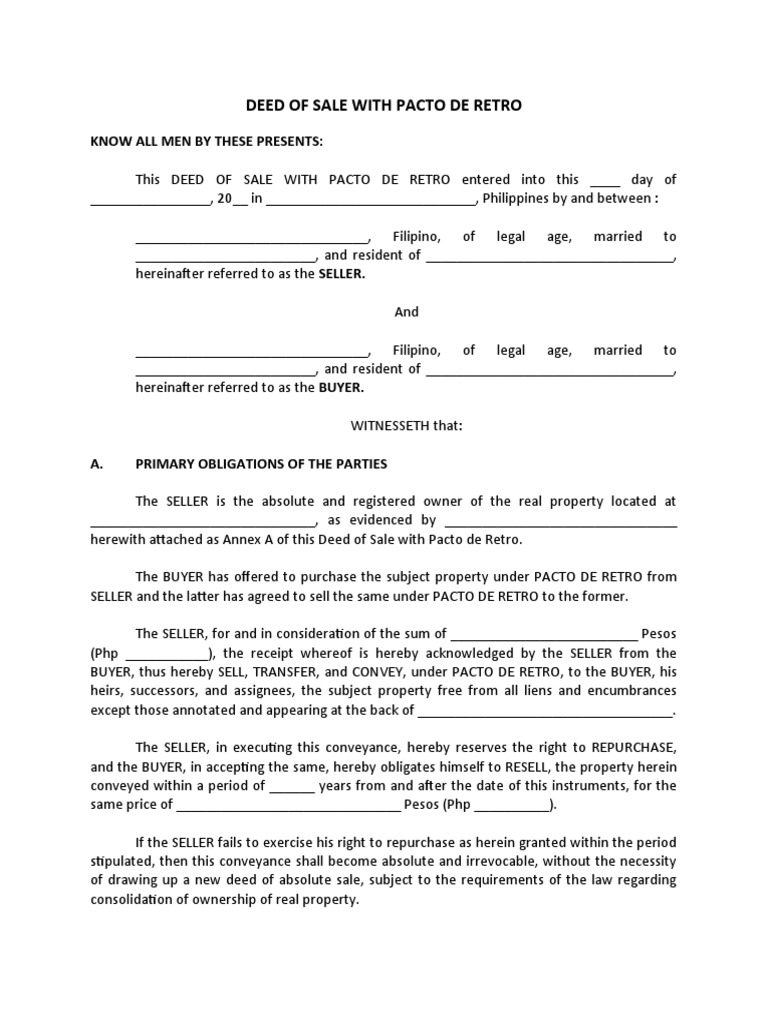 Deed of Sale With Pacto de Retro | PDF | Deed | Property Law