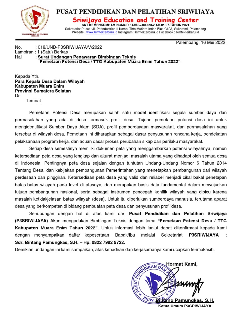 Surat Bimtek P3sriwijaya Kab. Muara Enim 2022 | PDF