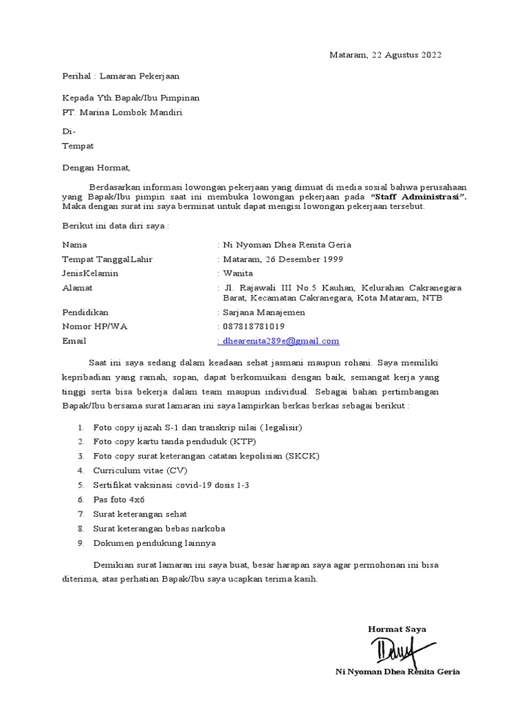 Surat Lamaran Dhea PT. Marina Lombok Mandiri | PDF