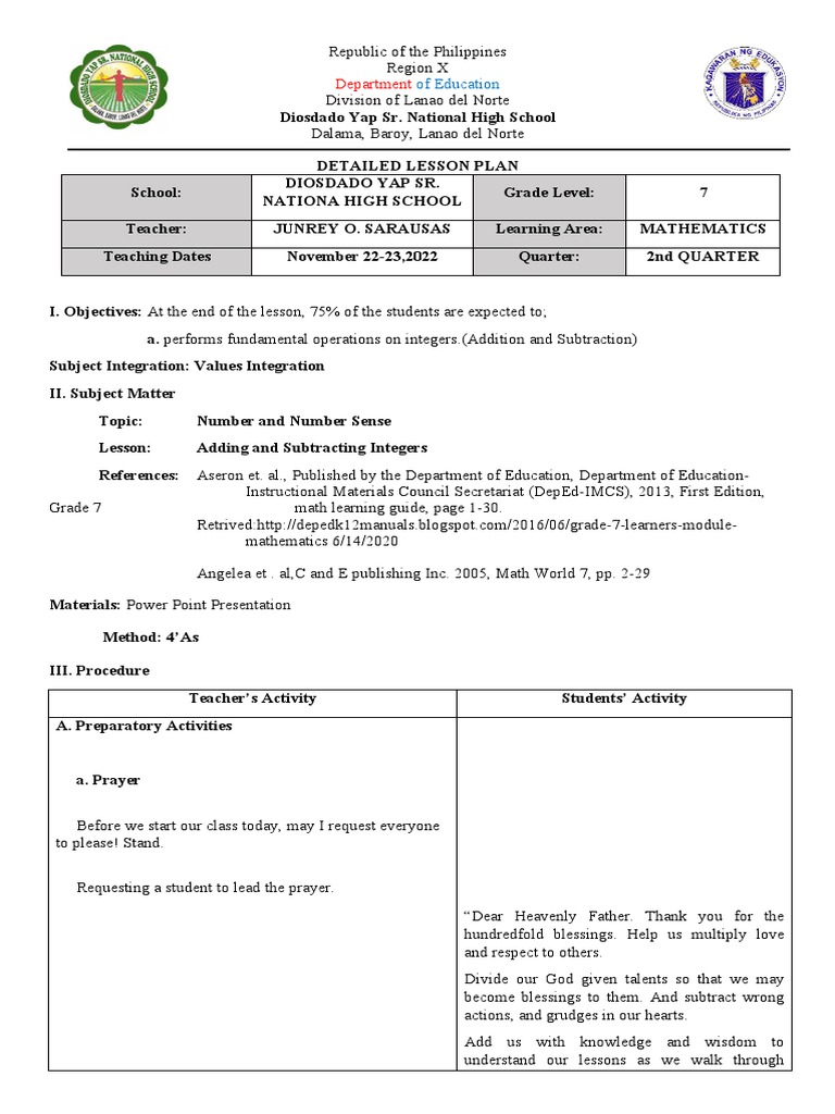 Math 7 Addition and Subtraction Integers | PDF | Subtraction | Arithmetic