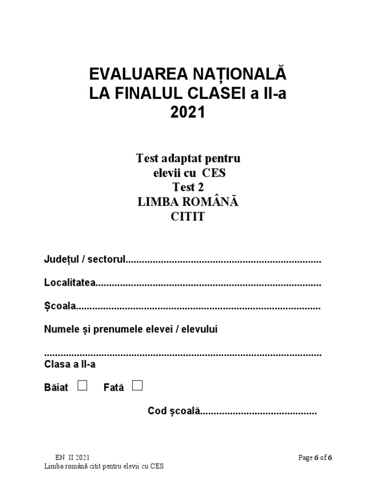 Test Romana 2-Citit - A II-a | PDF