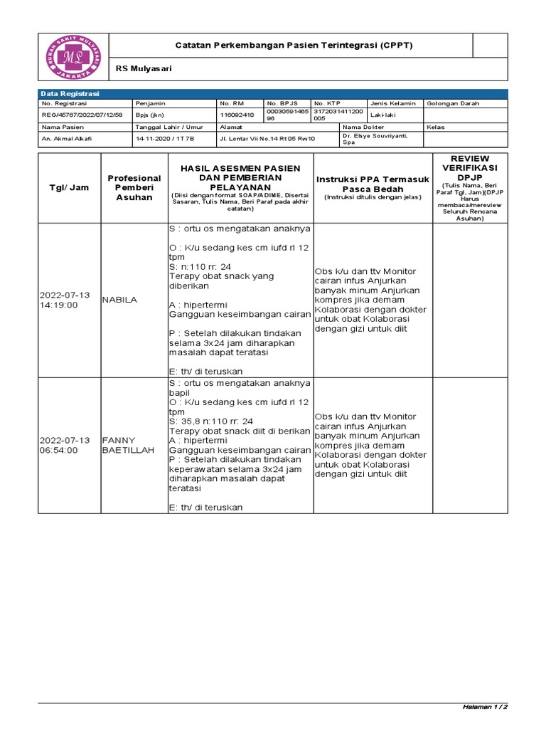 Catatan Perkembangan Pasien Terintegrasi (CPPT) : RS Mulyasari | PDF