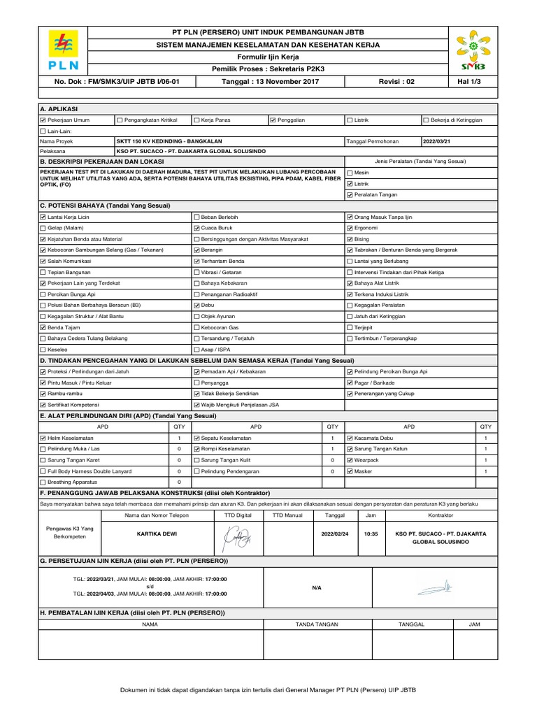 Formulir Izin Kerja K3 PLN | PDF
