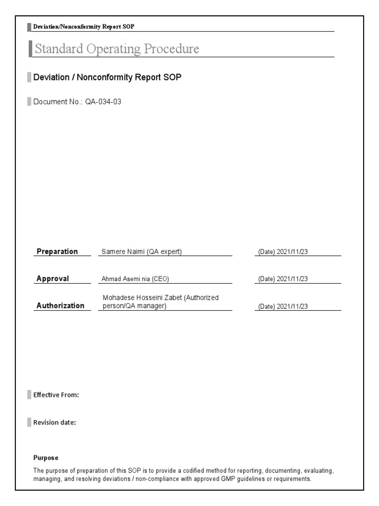 Deviation Nonconformity Report SOP | PDF