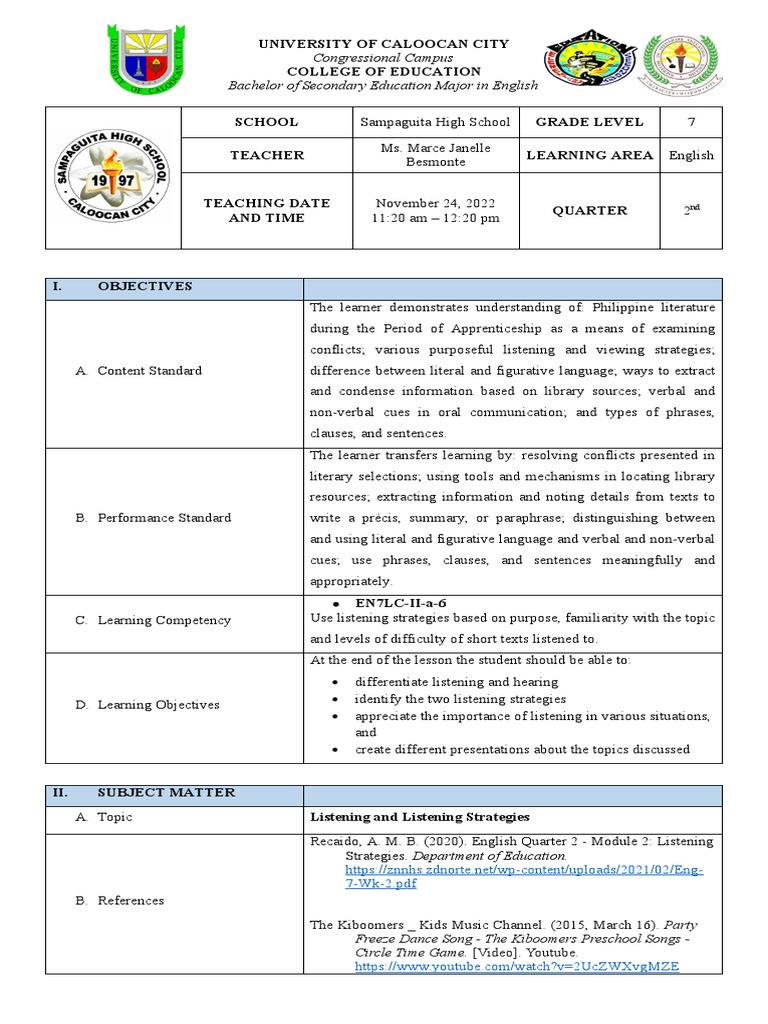 Listening And Listening Strategies Detailed Lesson Plan Pdf Top