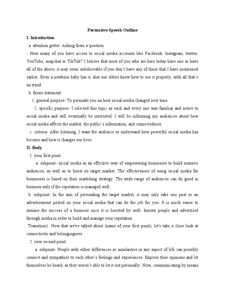 Persuasive Speech Outline | PDF | Social Media | Popular Culture ...