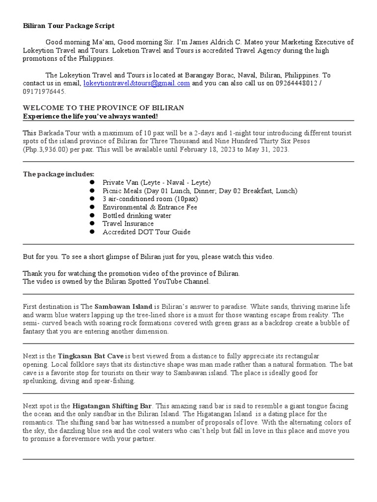Biliran Tour Package Script | PDF | Cooking, Food & Wine