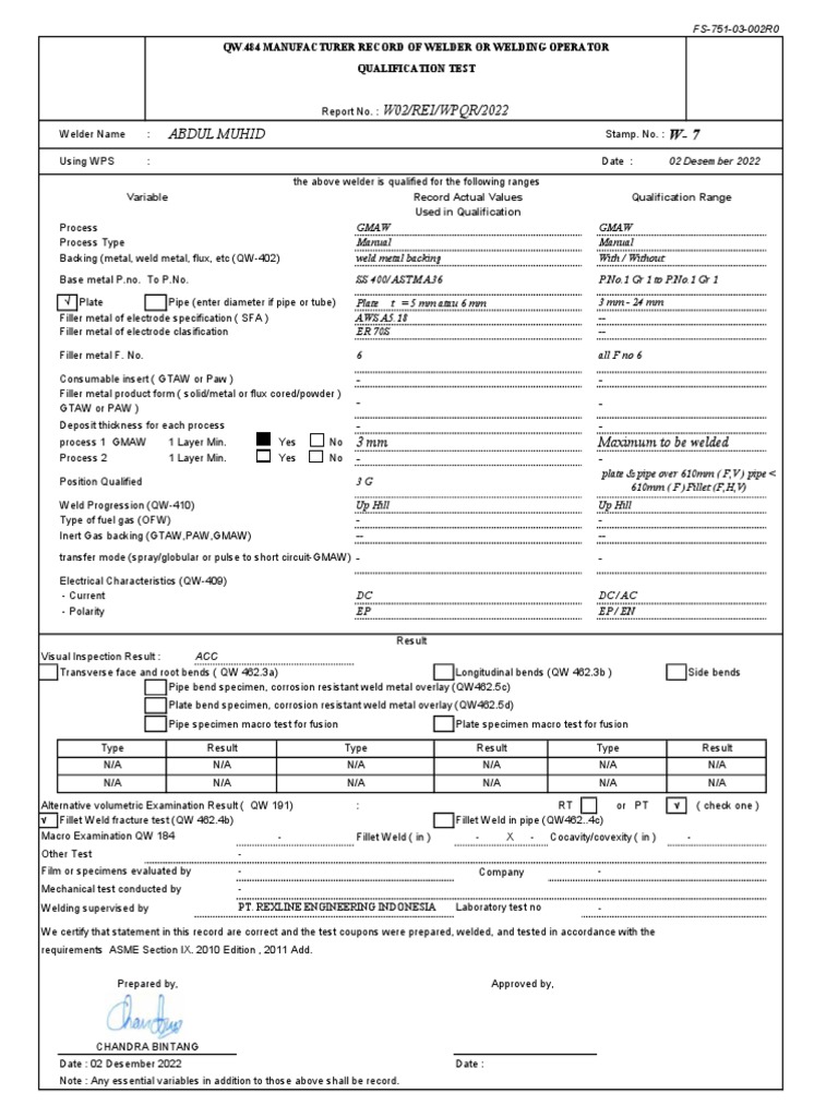 Abdul Muhid WPQR | PDF | Construction | Welding