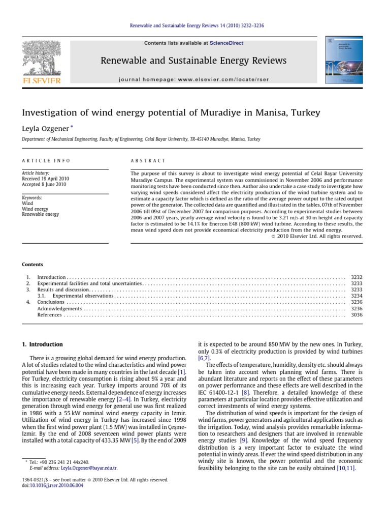 2010 - Investigation of Wind Energy Potential of Muradiye in Manisa, Turkey | PDF | Wind Power ...
