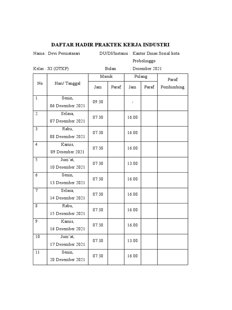 Daftar Hadir Praktek Kerja Industri Devi | PDF