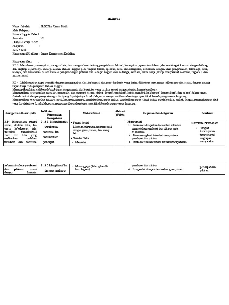 Silabus Bahasa Inggris Kelas 11 SMT Ganjil Genap 2021 2022 | PDF