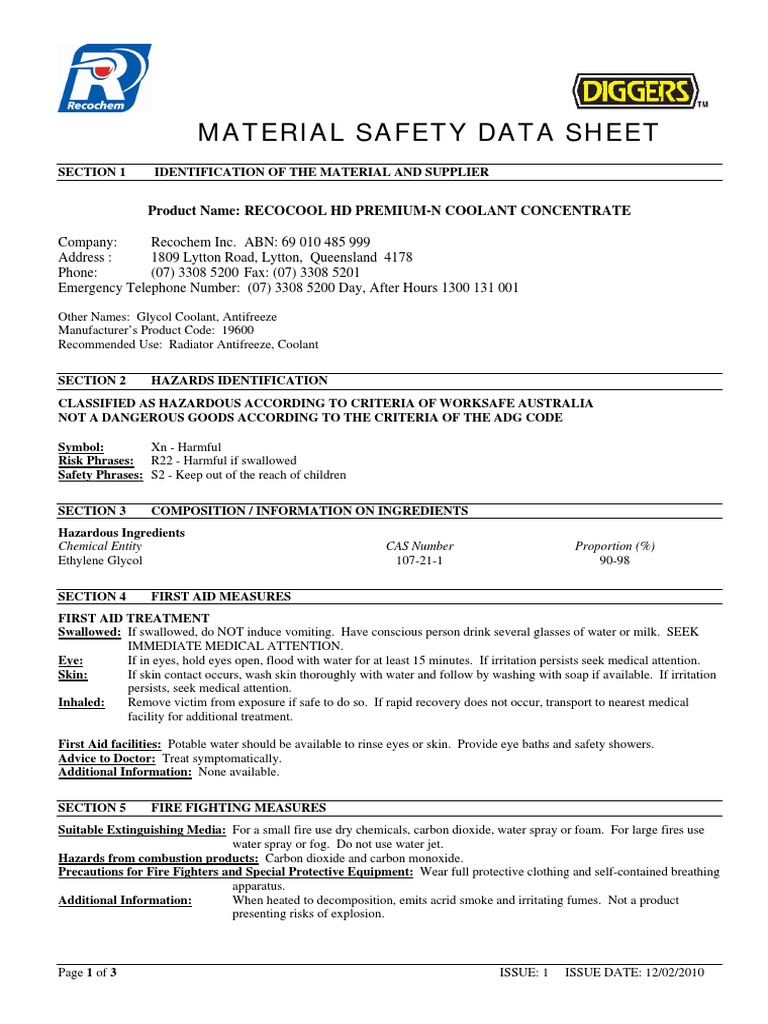Recochem HD Premium-N Coolant SDS | PDF | Personal Protective Equipment ...