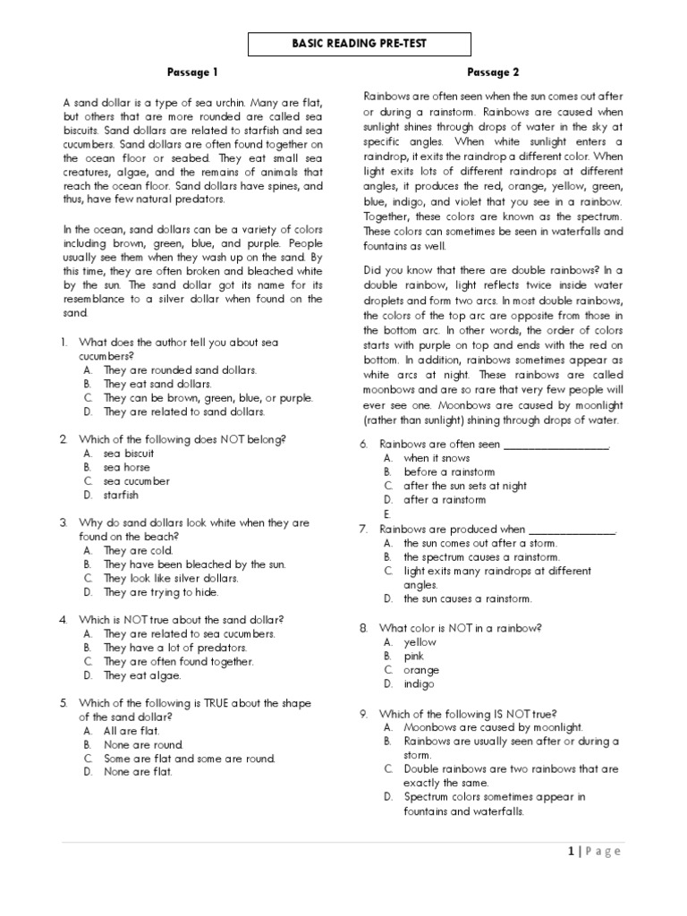 Basic Reading1 Pretest2020 | PDF | Rainbow | Influenza