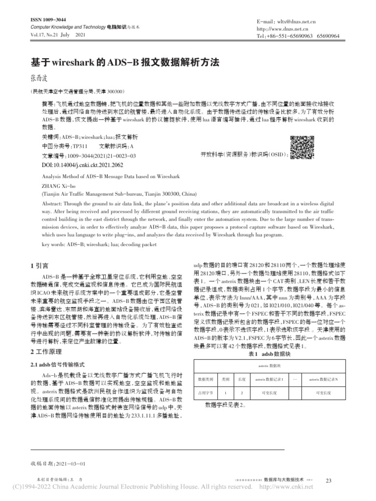 基于wireshark的ADS-B报文数据解析方法 张西波 | PDF