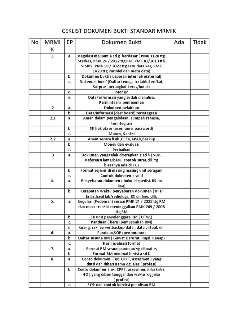 Ceklist Dokumen Bukti Standar MRMIK | PDF