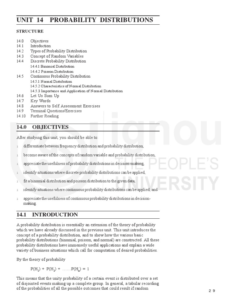UNIT 14 PROBABILITY DISTRIBUTIONS Block-4 | PDF | Probability ...