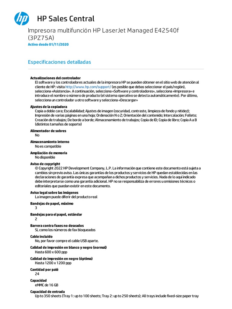 HP Sales Central: Impresora Multifunción HP Laserjet Managed E42540F ...