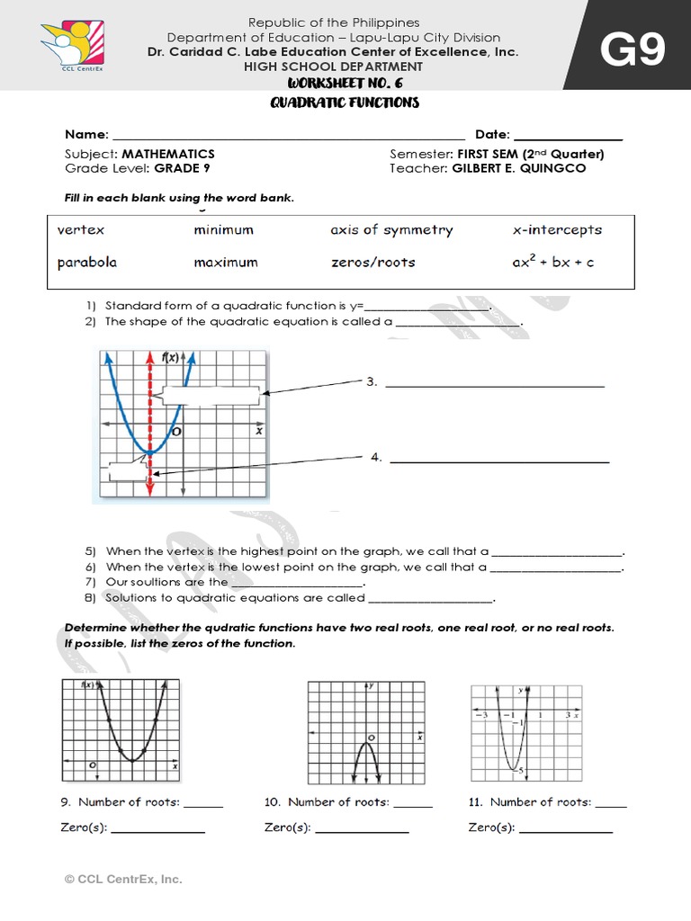Quadratic Functions Worksheet | PDF | Quadratic Equation | Vertex ...