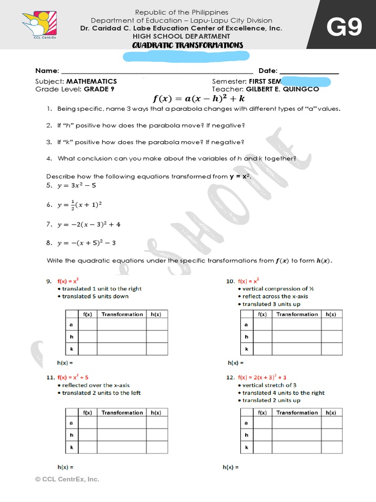 Quadratic Transformations Worksheet | PDF