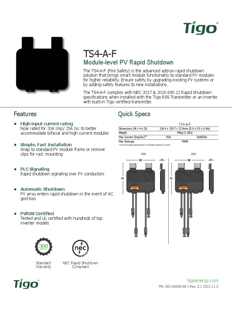 TS4-A-F (700W) (15A and 25A) (Fire Safety Add-On) Datasheet EN | PDF | Solar Panel | Power Inverter