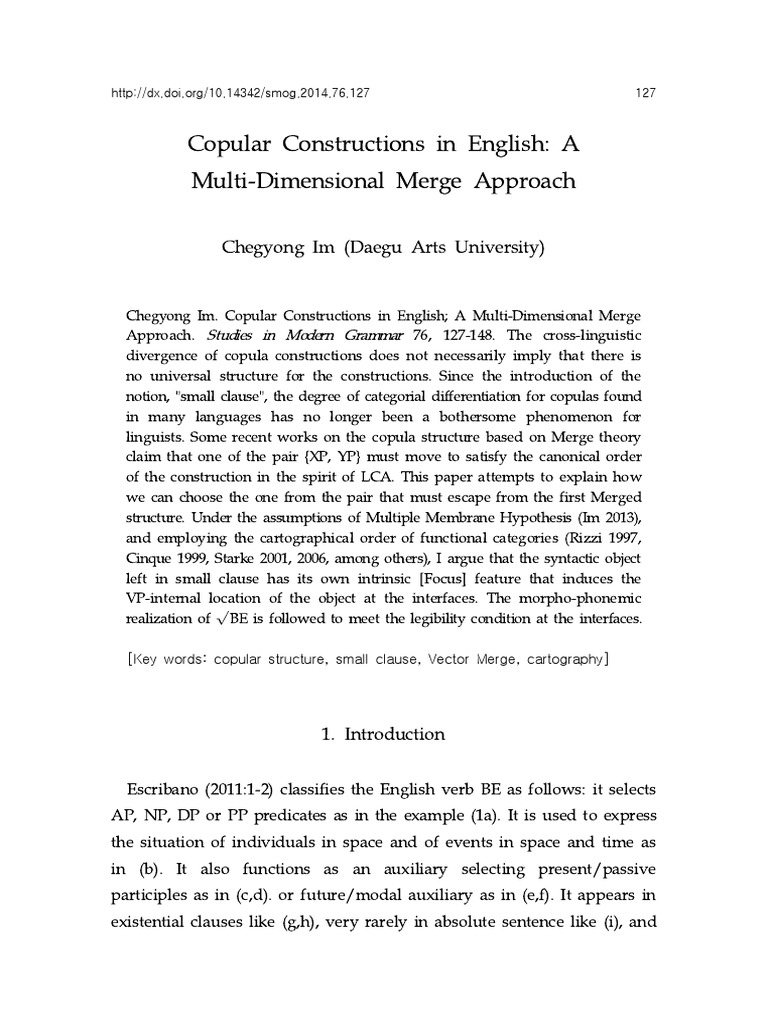 Copular Constructions in English: A Multi-Dimensional Merge Approach | PDF | Syntax | Clause
