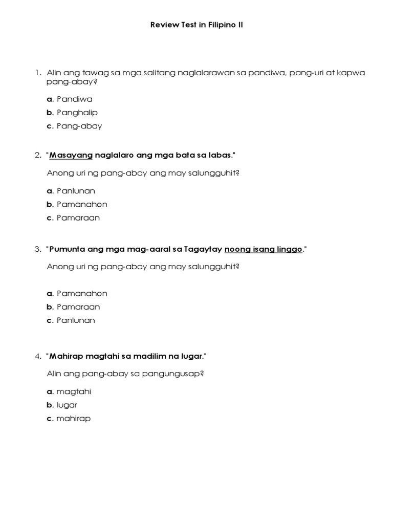 Final Review Test-Filipino | PDF