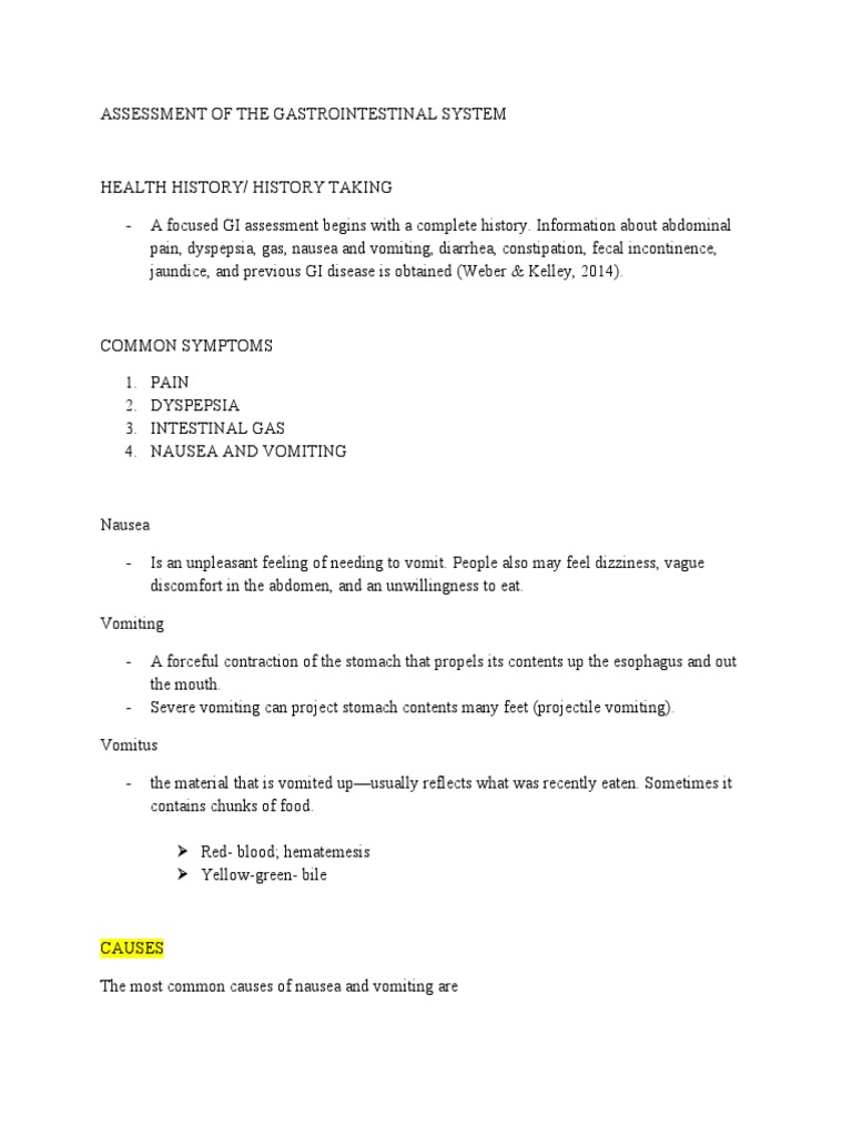Gastrointestinal Assessment Overview | PDF | Nausea | Vomiting