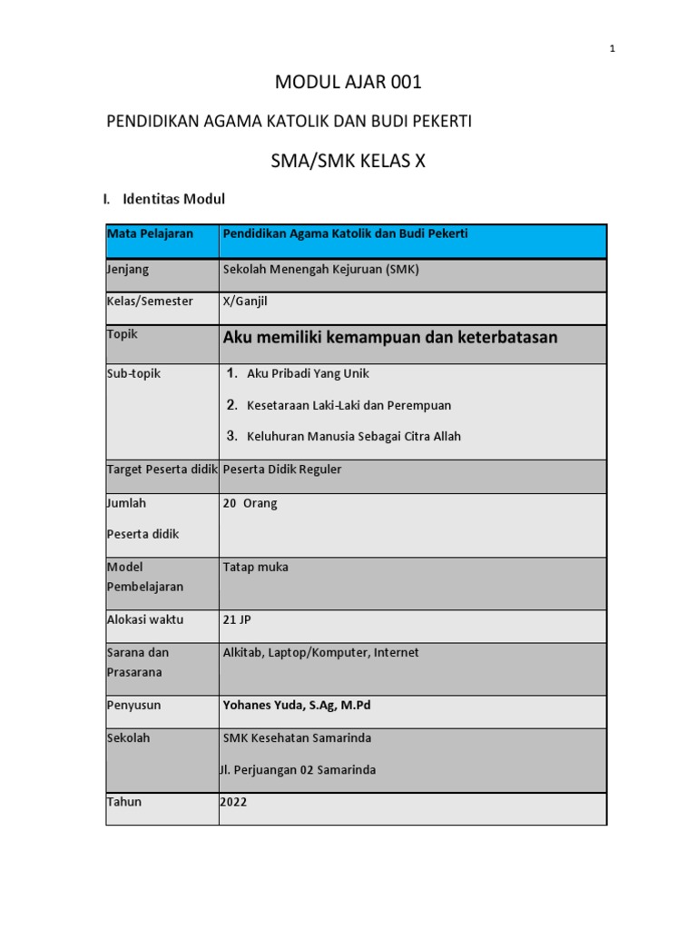 02-Modul Ajar 001-Agama Katolik Kurikulum Merdeka | PDF