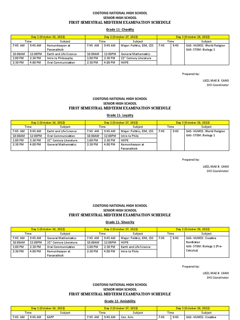 SHS Schedule For Midterm Exam | PDF | Science