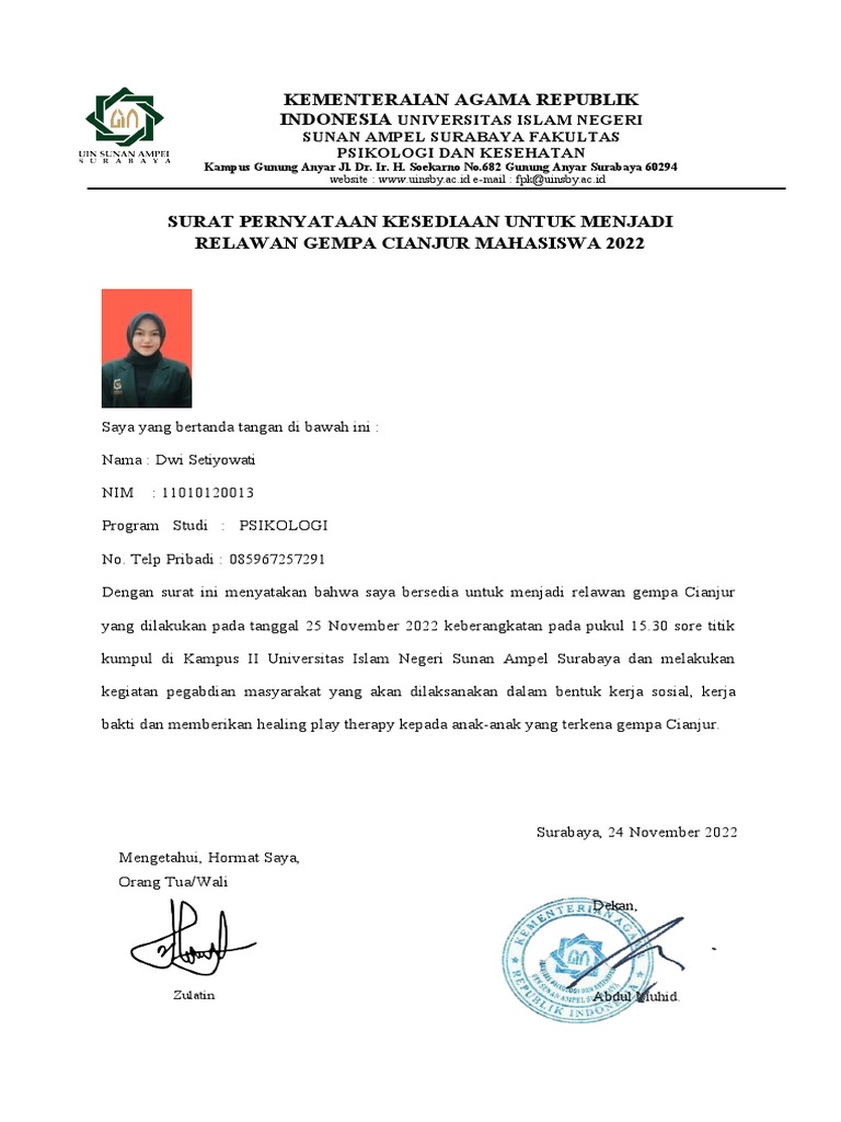 Surat Kesediaan Menjadi Relawan | PDF