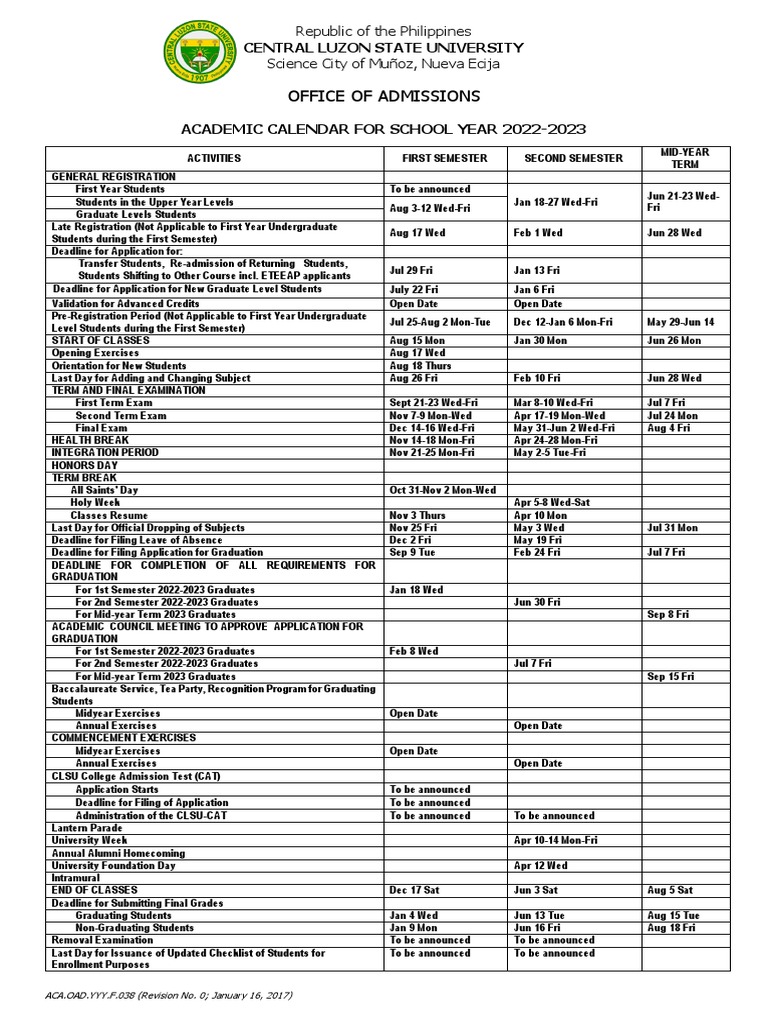 CLSU Academic Calendar 2022-2023 | PDF | Academic Term | Qualifications