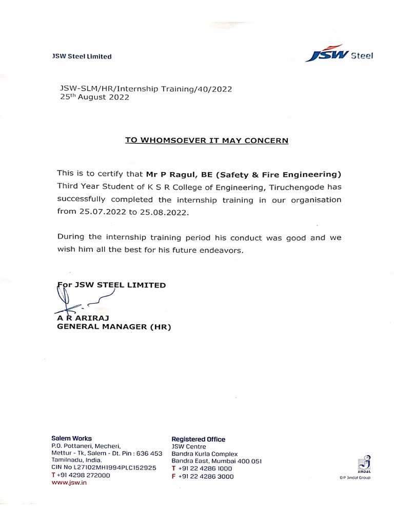 JSW Steel Limited - Internship Training | PDF