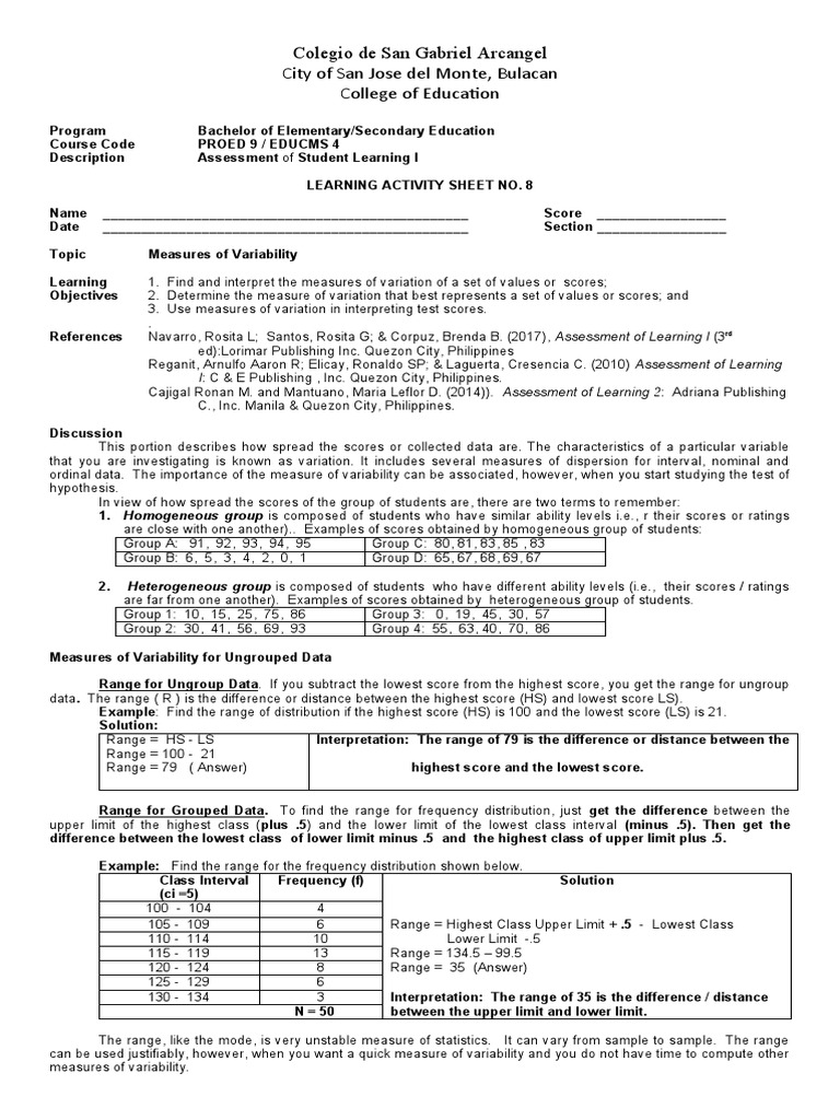 Learning Sheet No. 8 | PDF | Standard Deviation | Variance