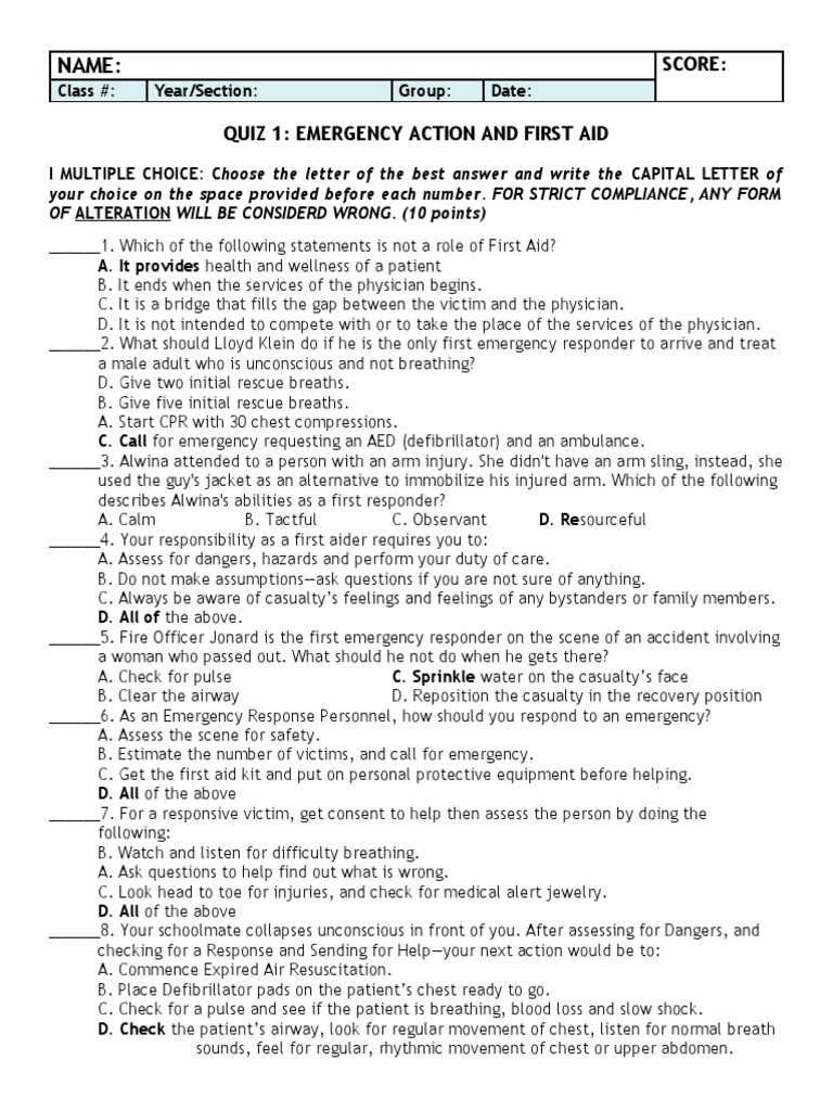 First Aid Emergency Action Quiz | PDF