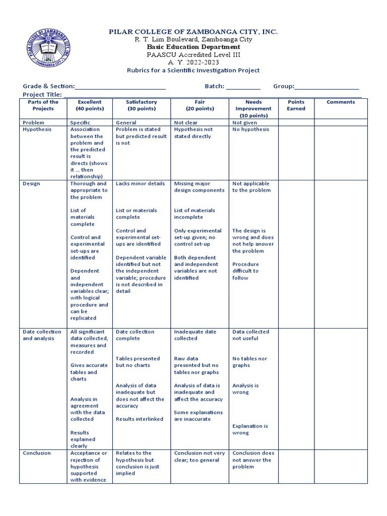 Grade School Science Rubrics | PDF