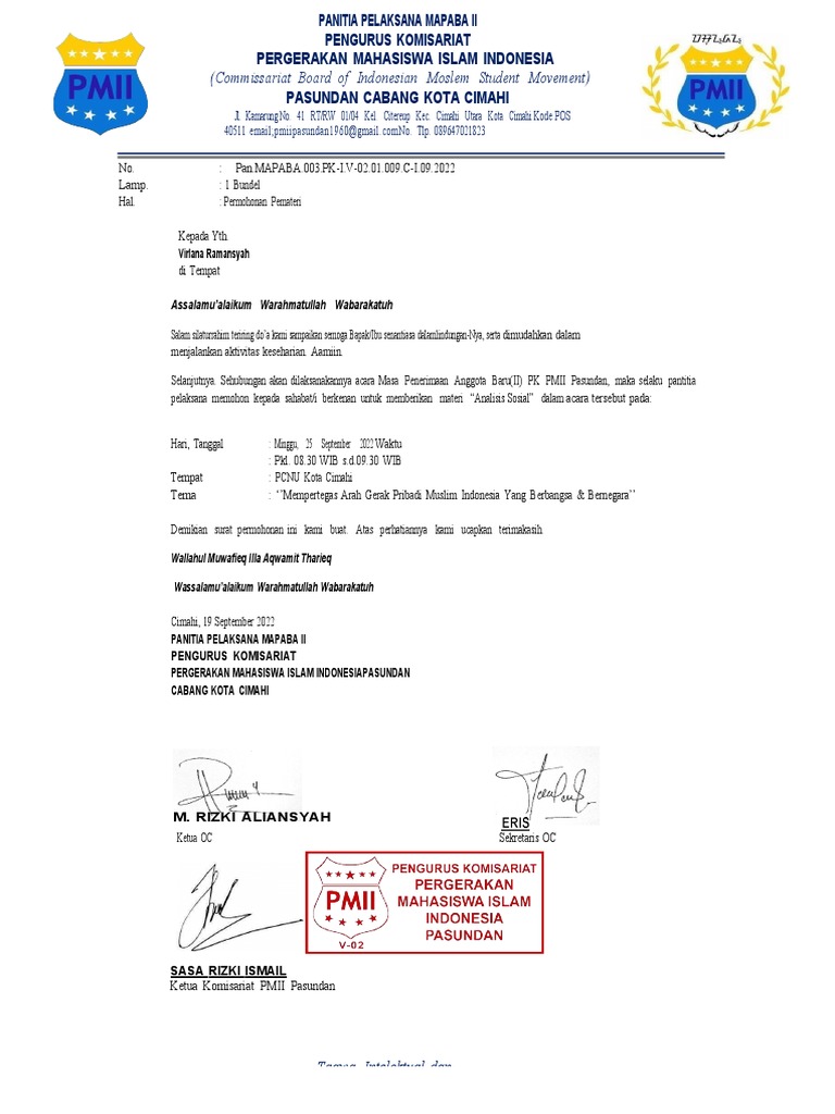 Surat Permohonan Pemateri PMII | PDF