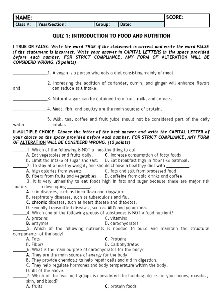 Food and Nutrition Quiz Assessment | PDF | Foods | Carbohydrates