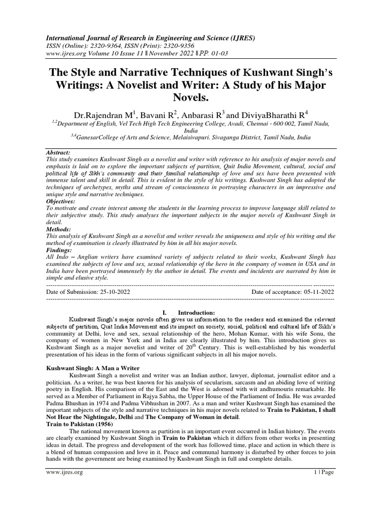 The Style and Narrative Techniques of Kushwant Singh's Writings: A ...