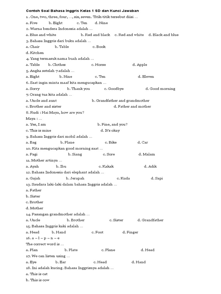 Contoh Soal Bahasa Inggris Kelas 1 SD Dan Kunci Jawaban | PDF | Seni & Disiplin Bahasa | Kajian ...