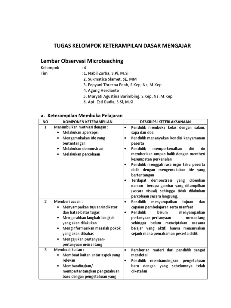 Tugas 2.1 Kelompok 4 (KDM Lembar Observasi Membuka Dan Menjelaskan Pelajaran) | PDF