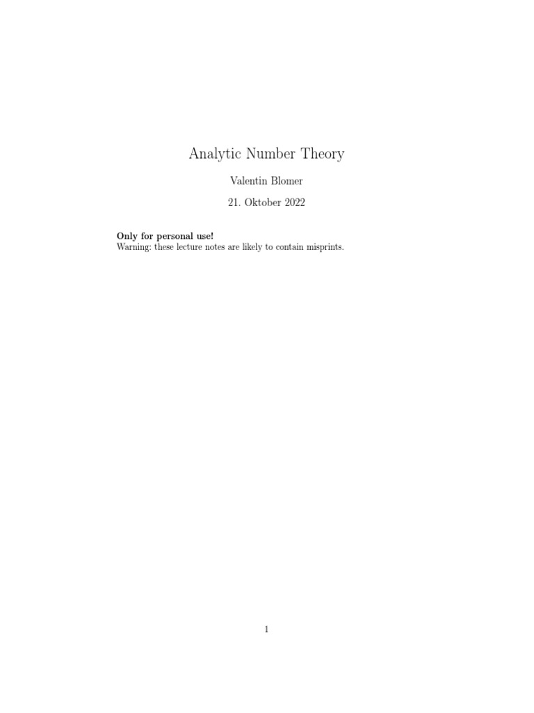 Analytic Number Theory 1 | Download Free PDF | Number Theory | Prime Number Analytic Number Theory 1 | Download Free PDF | Number Theory | Prime Number