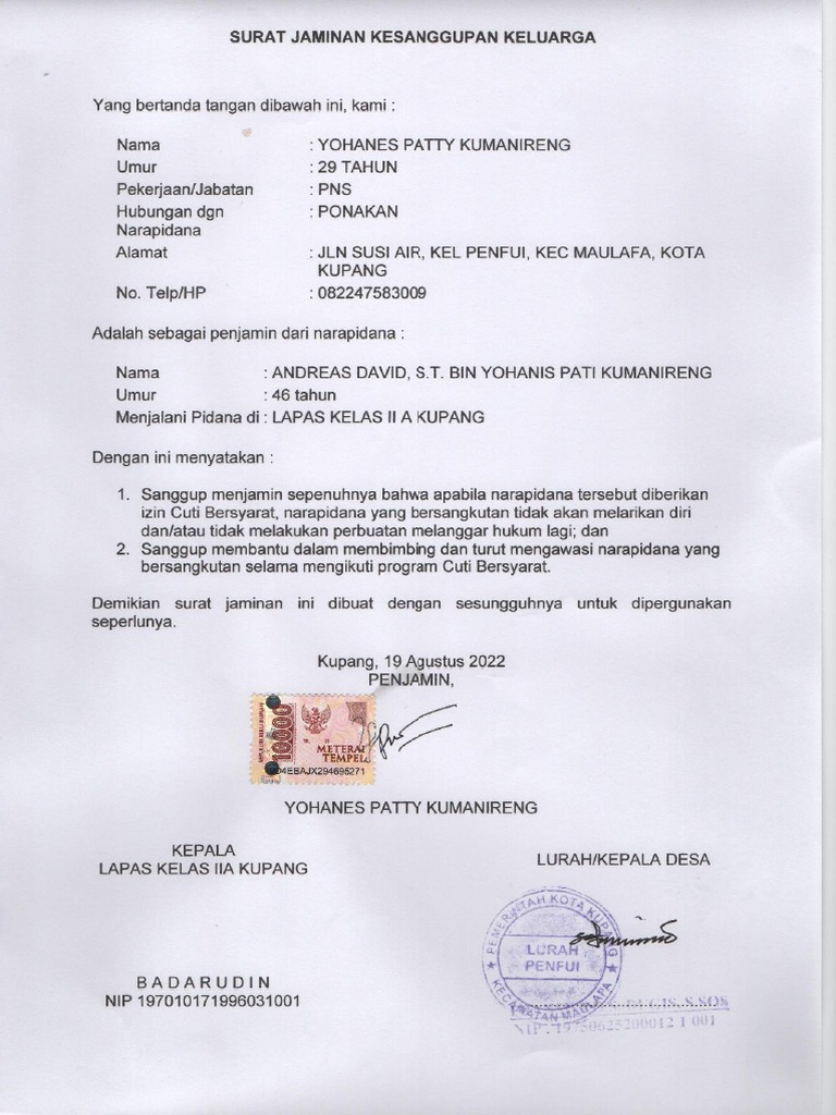 Surat Pernyataan Penjamin - Andreas David | PDF