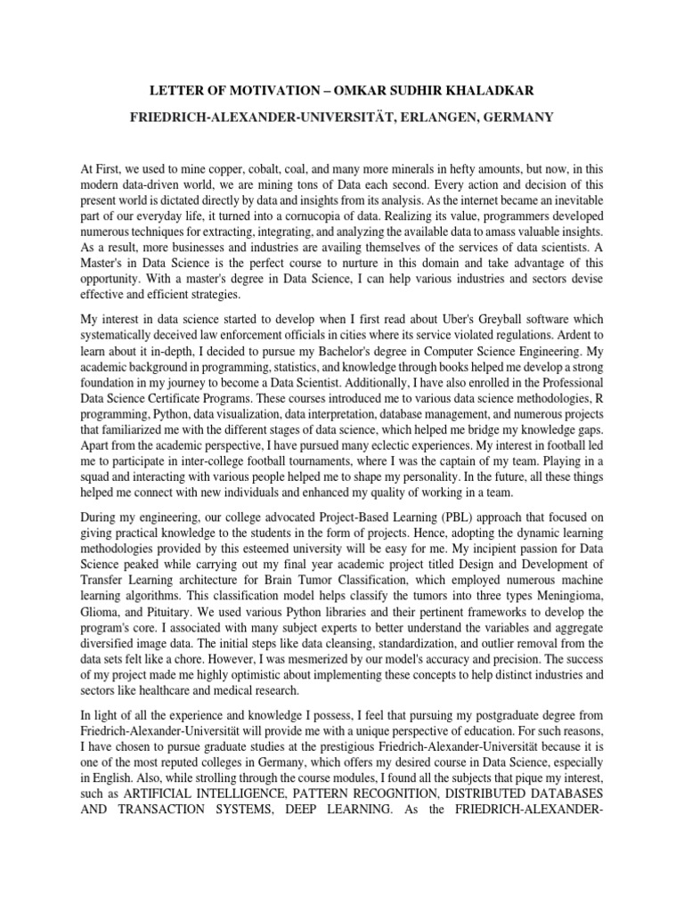Omkar-Motivation Letter FAU | PDF | Data | Data Science