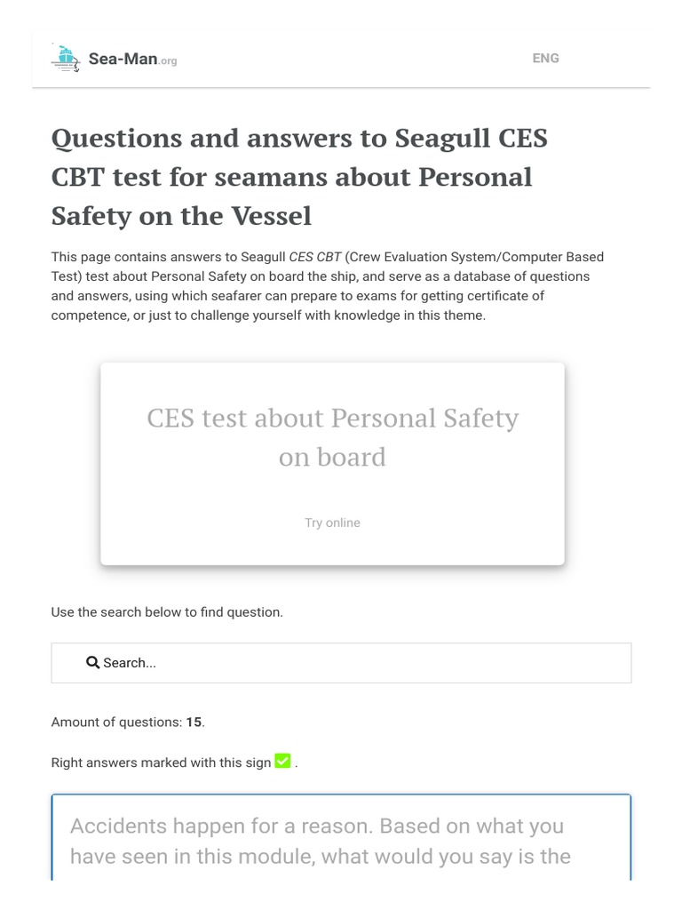 Answers To CES CBT Test About Personal Safety On Board The Ship | PDF ...