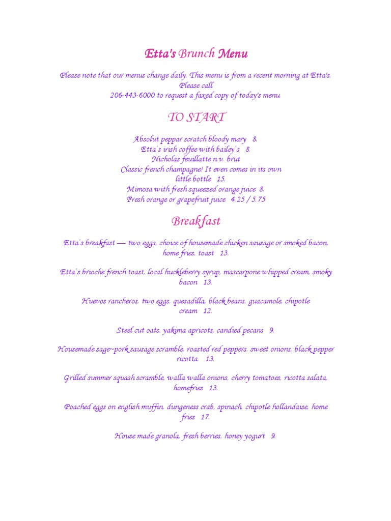 Etta S Brunch Menu | PDF | Salad | Foods