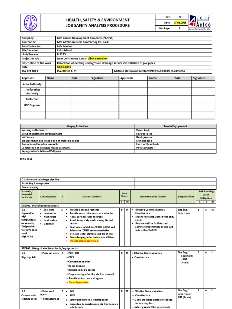 JSA For RE - ROUTING OF EXISTING UNDERGROUND SEWERAGE PIPELINE | PDF