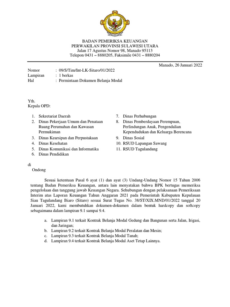 Surat Permintaan Data Belanja Modal | PDF