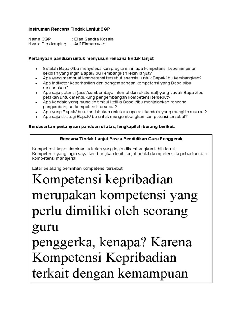 Instrumen Rencana Tindak Lanjut CGP | PDF | Bisnis | Pengembangan Diri