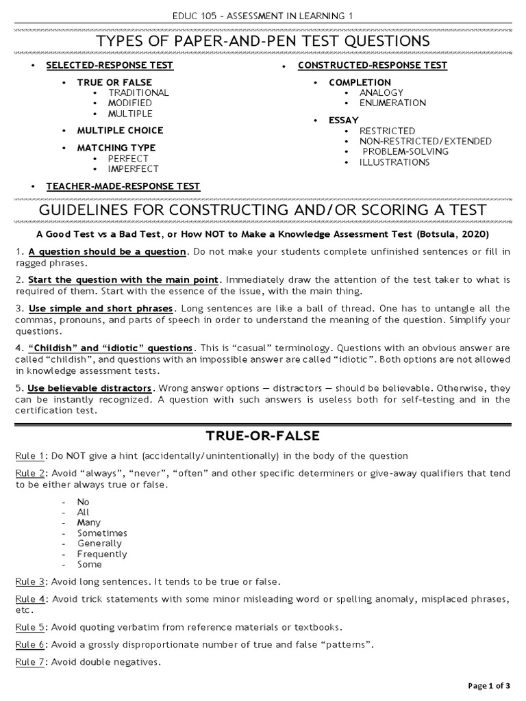 Guidelines for Pen-and-Paper Tests | PDF | Multiple Choice | Question