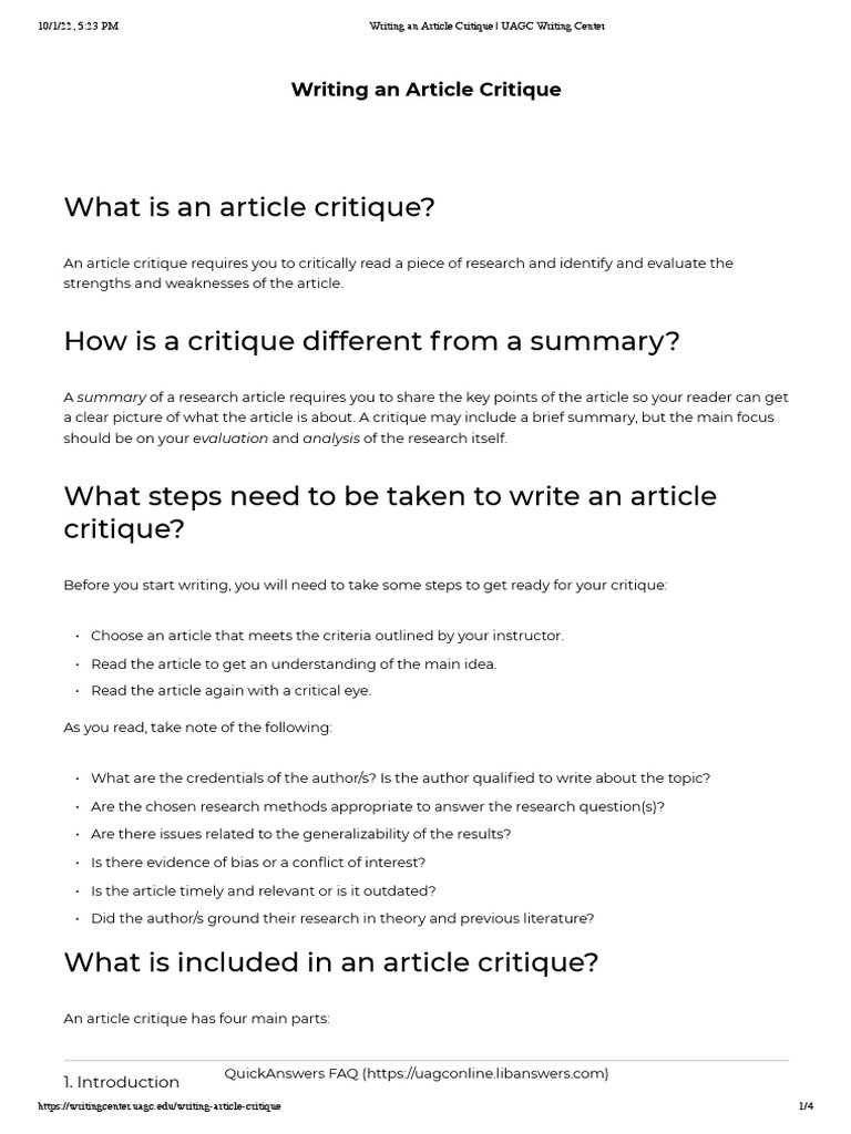 Writing An Article Critique - UAGC Writing Center | PDF | Cognition ...